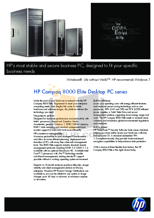 Download free pdf for HP Compaq Elite 8000 SFF Desktop manual