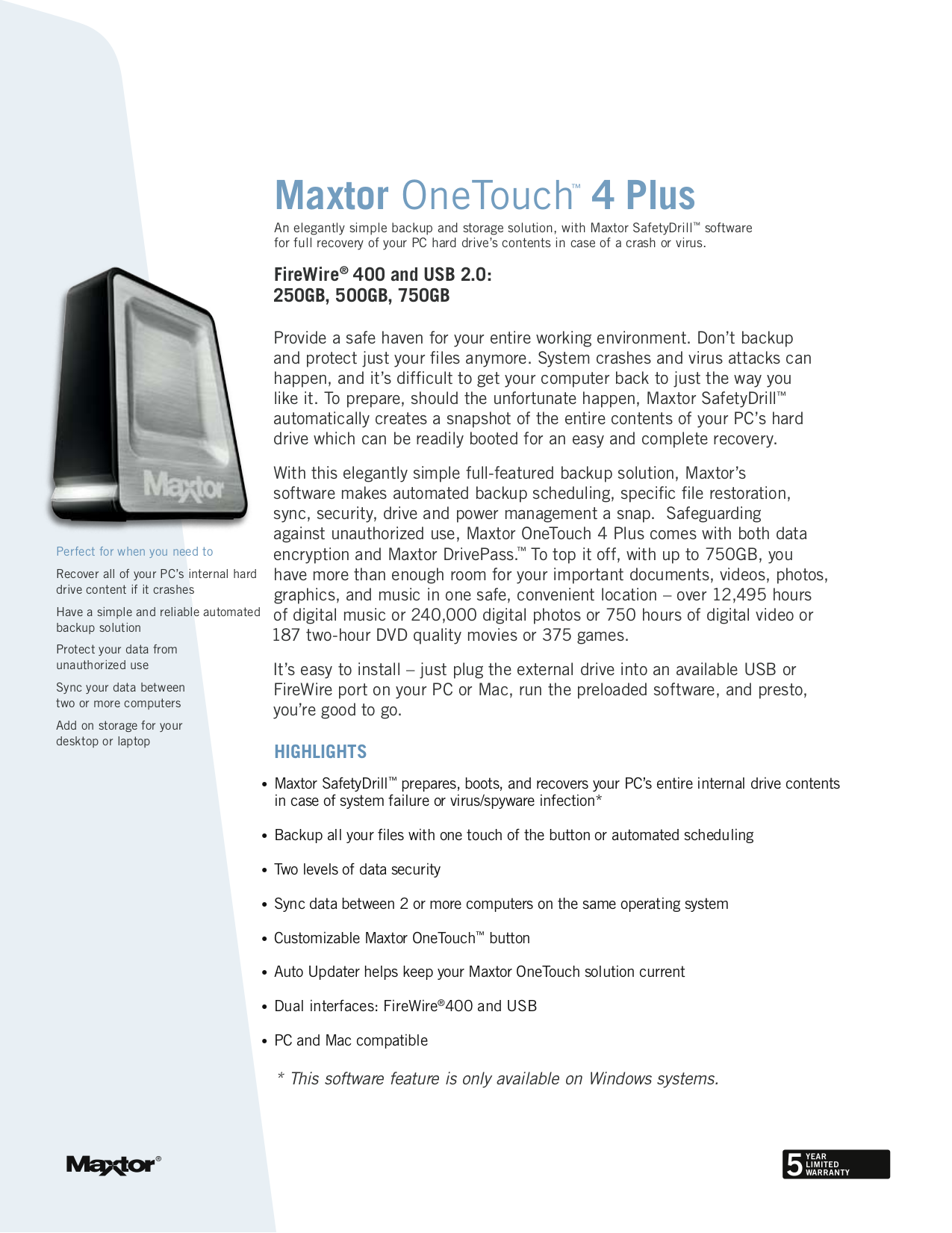 Download free pdf for Maxtor OneTouch 4 500GB Storage manual
