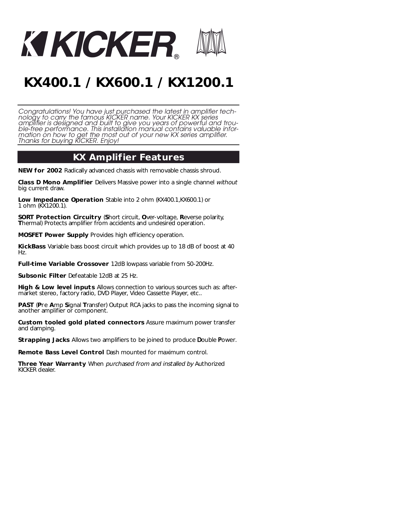 PDF manual for Kicker Car Amplifier KX600.1