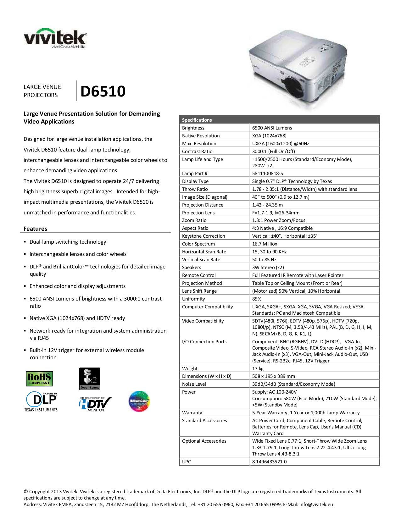 Download free pdf for Vivitek D6510 Projector manual