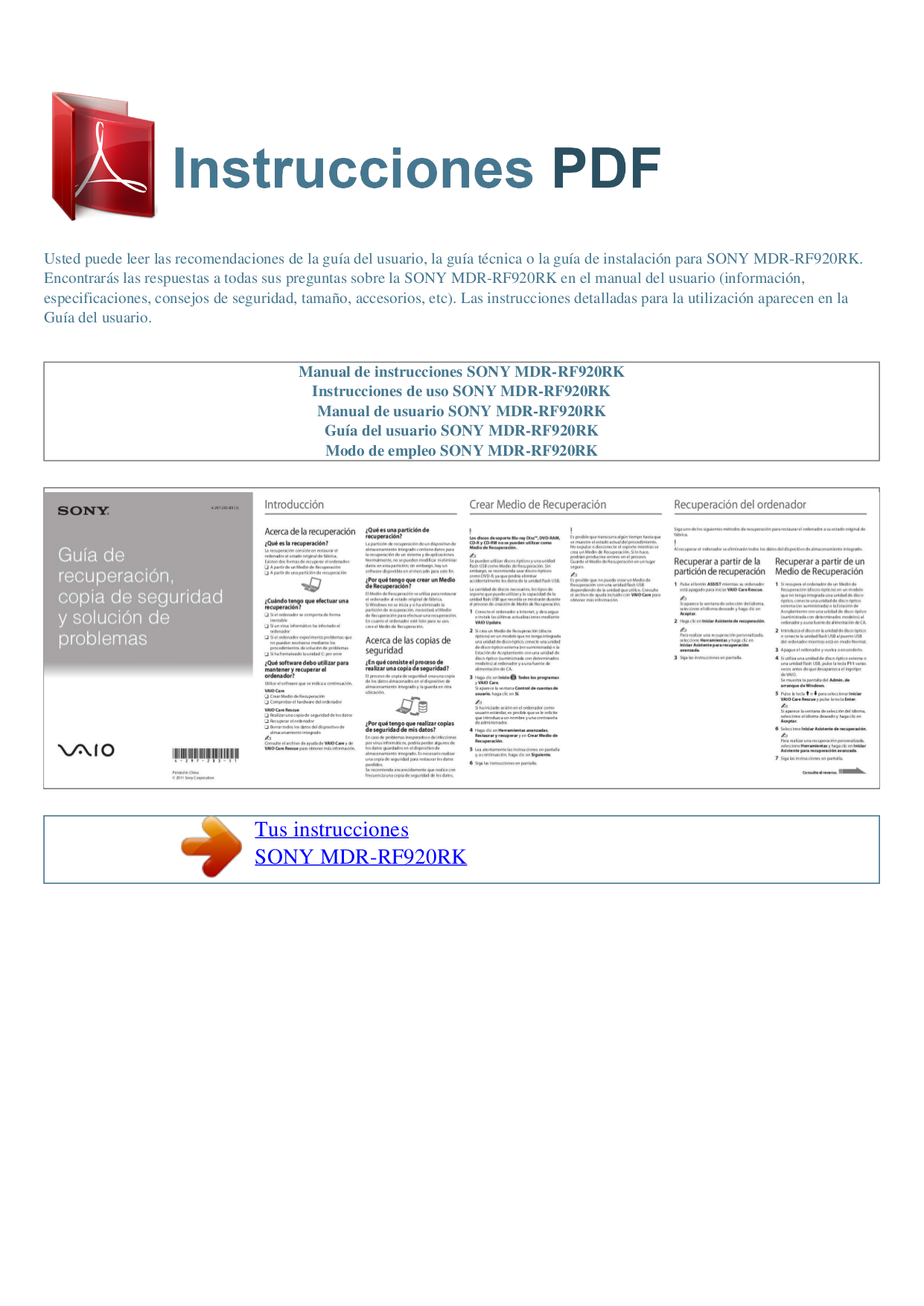 Download free pdf for Sony MDR-RF920RK Headphone manual