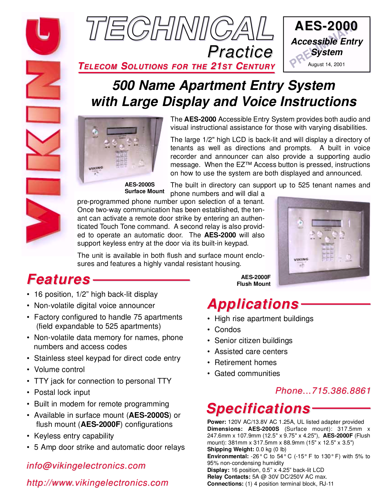 Download free pdf for Viking AES-2000S Entry Systems Other manual