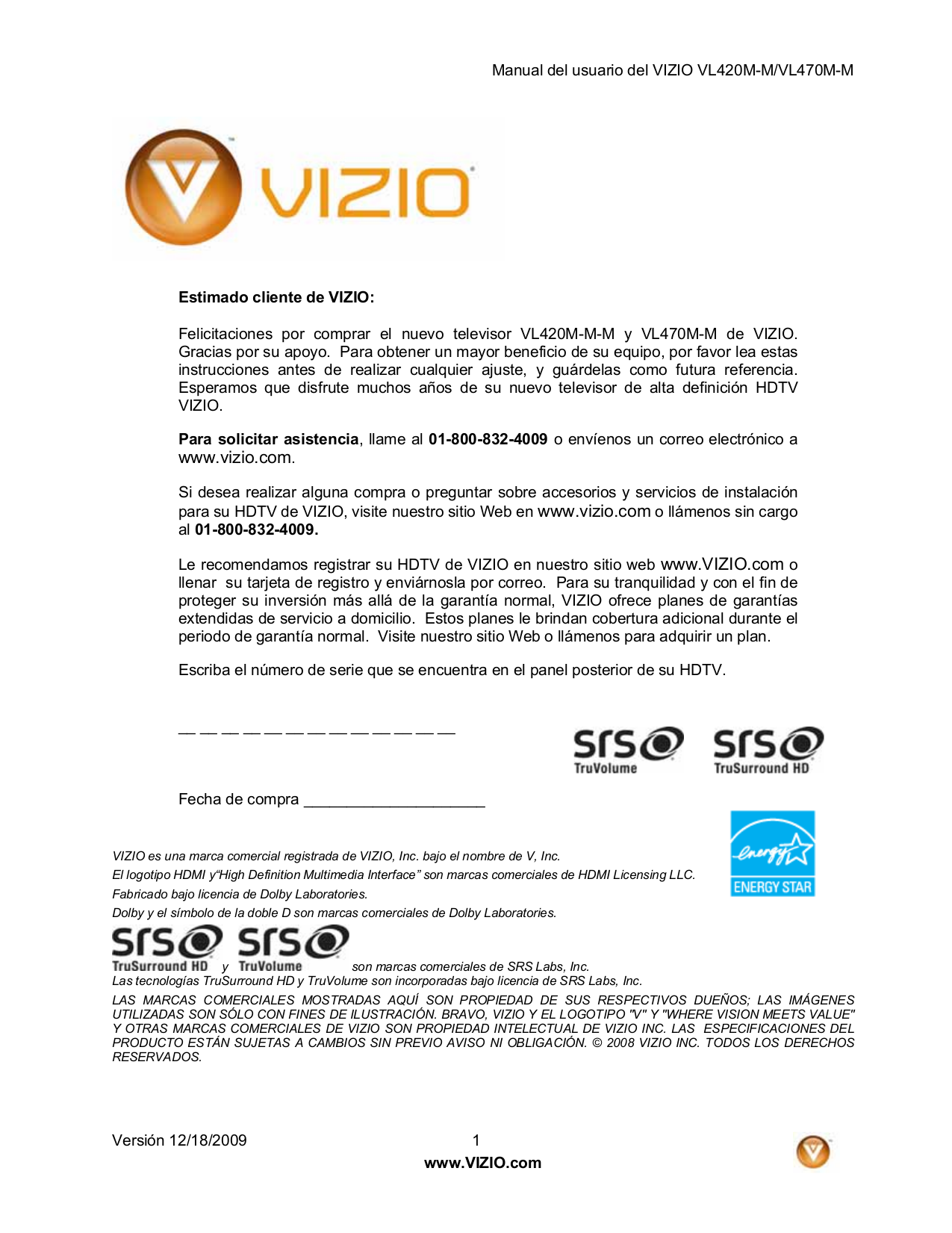 Download free pdf for Vizio VL420M TV manual