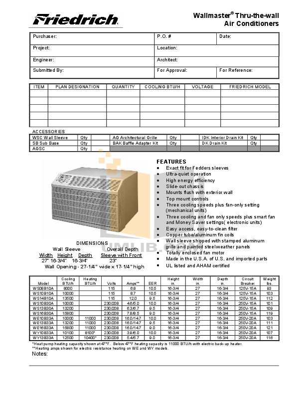 Download free pdf for Friedrich WallMaster WS10B10A Air Conditioner manual