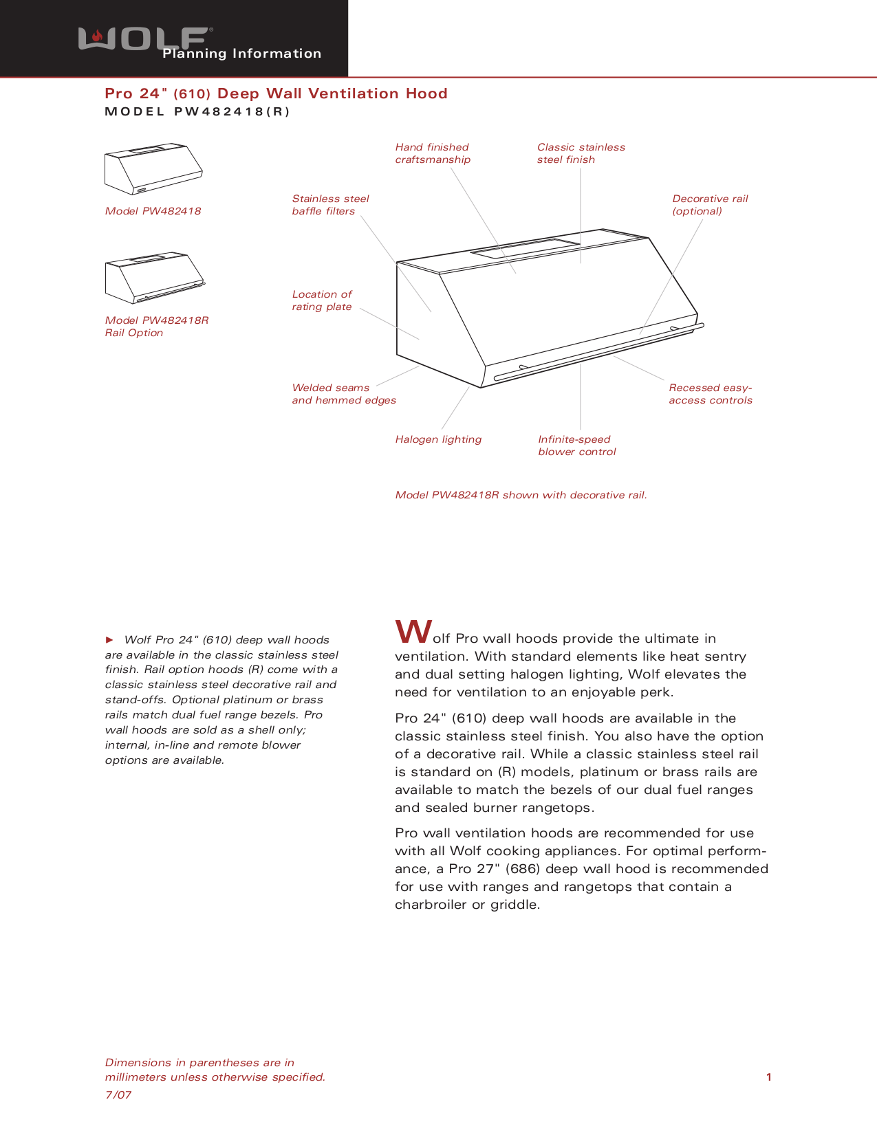 Download free pdf for Wolf PW482418 Hoods Other manual