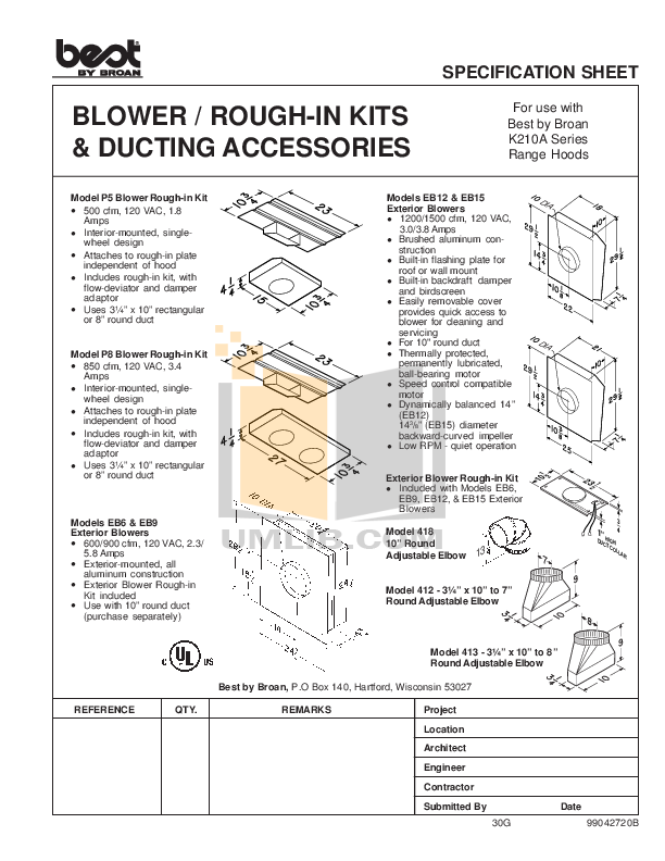 Download free pdf for Broan-NuTone EB12 Exterior Blowers Other manual