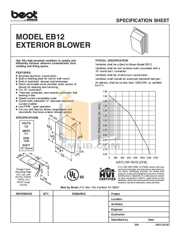 Download free pdf for Broan-NuTone EB12 Exterior Blowers Other manual