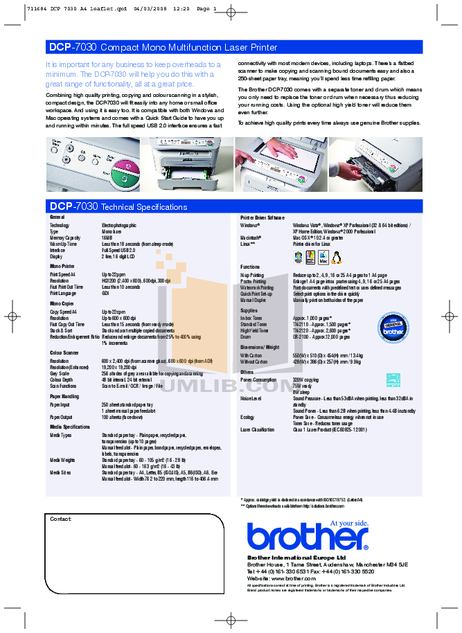 PDF manual for Brother Multifunction Printer DCP-7030