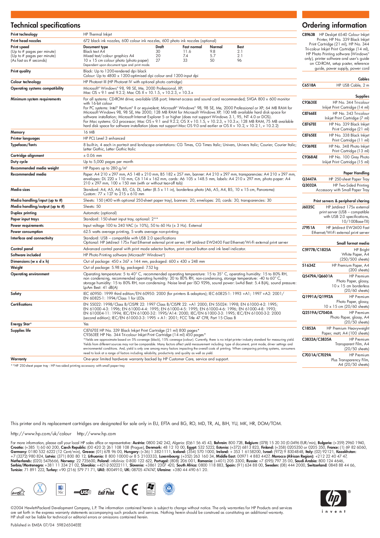 PDF manual for HP Printer Deskjet 6540