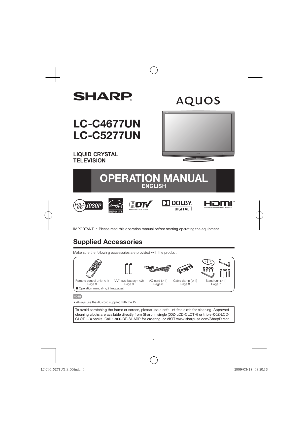 Download free pdf for Sharp AQUOS LC-C5277UN TV manual