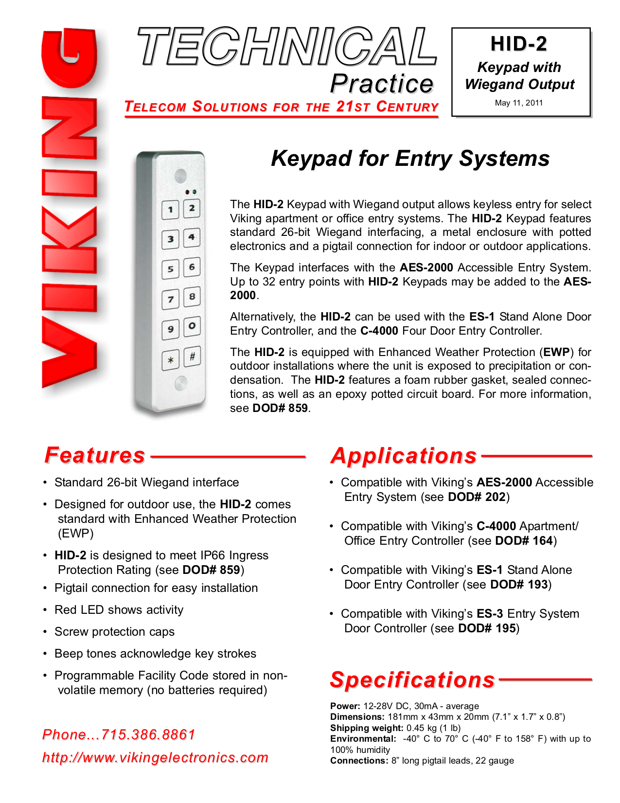Download free pdf for Viking AES-2000F Entry Systems Other manual