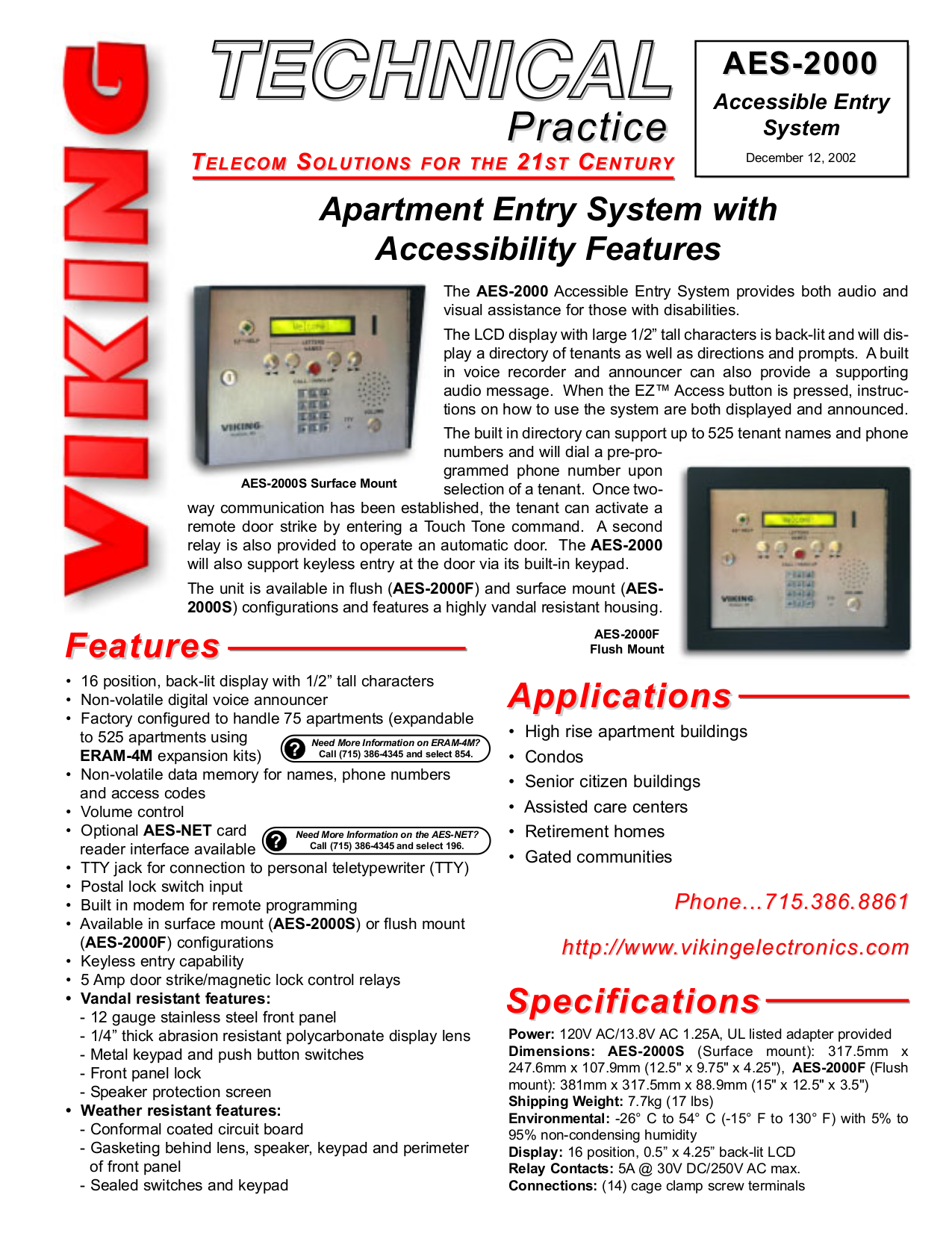 Download free pdf for Viking AES-2000F Entry Systems Other manual