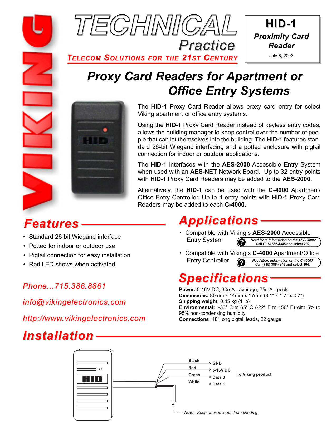Download free pdf for Viking AES-2000F Entry Systems Other manual