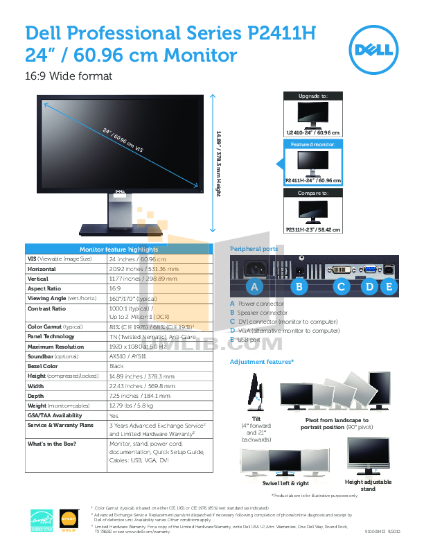 Download free pdf for Dell P2411H Monitor manual