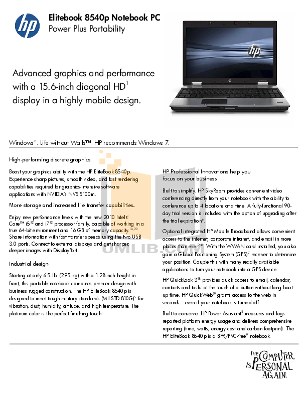 Download free pdf for HP EliteBook 8540p Laptop manual