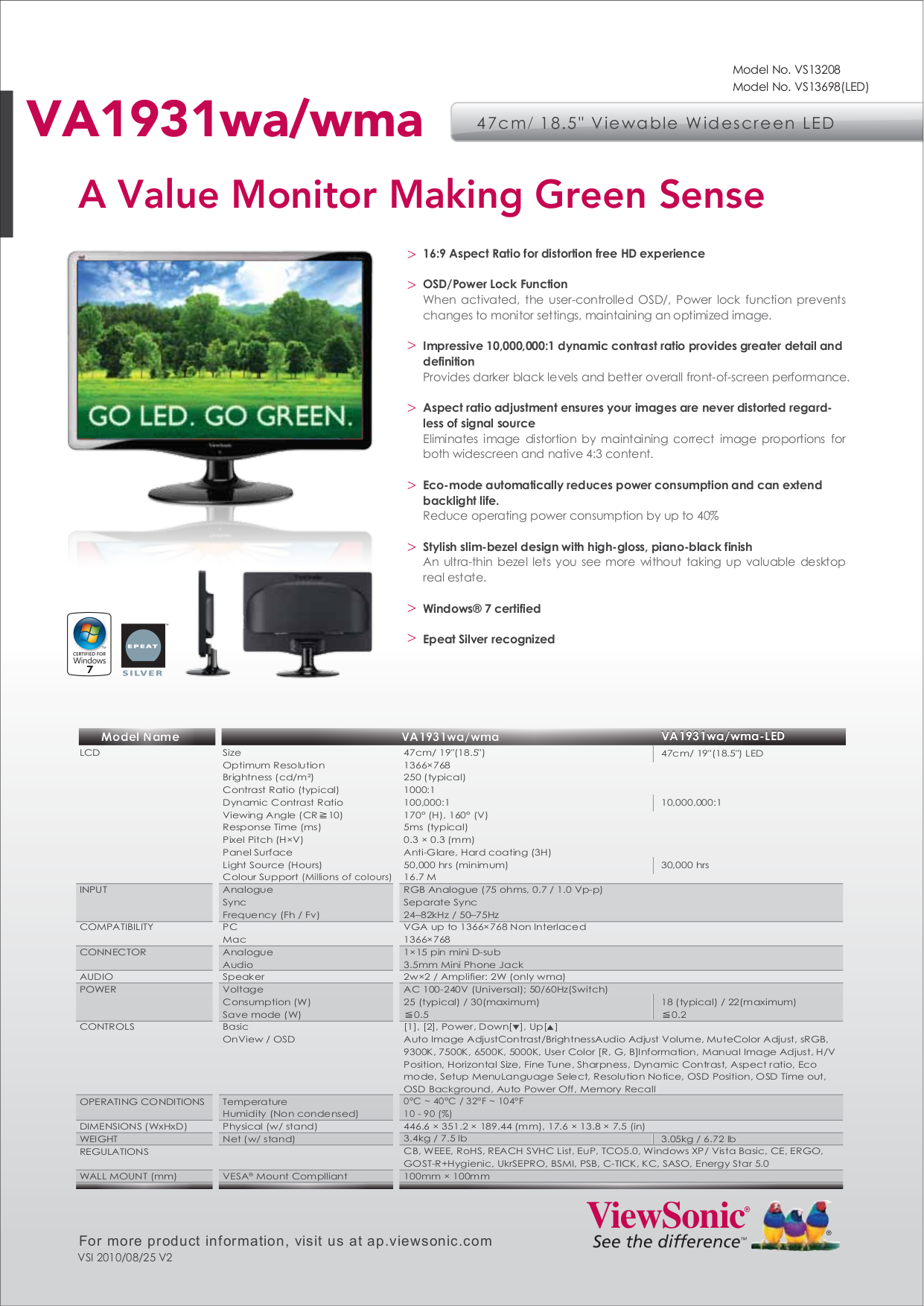 Download free pdf for Viewsonic VA1931wa-LED Monitor manual