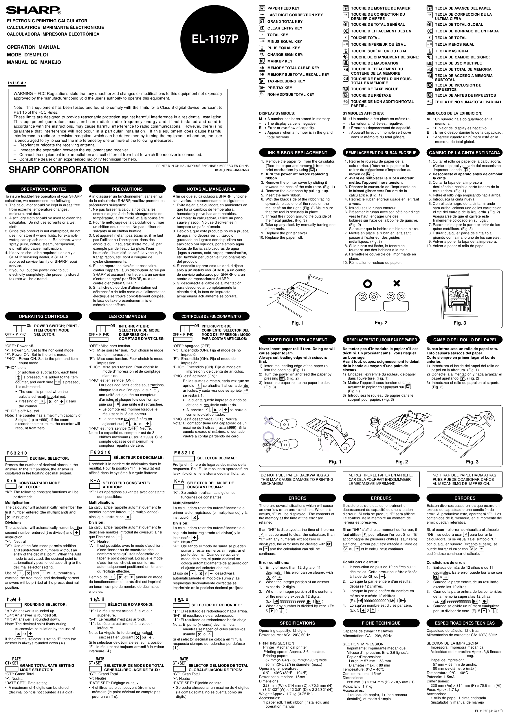 Download Free Pdf For Sharp EL 1197PIII Calculator Manual