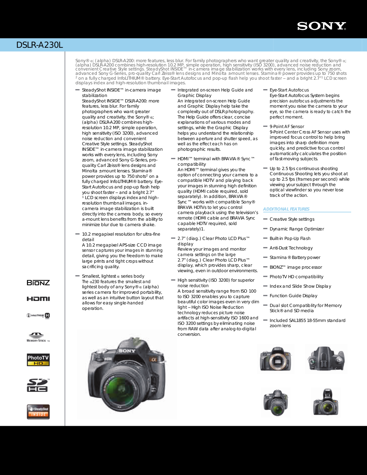 Download free pdf for Sony DSLR-A200 Digital Camera manual