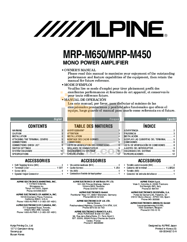 Download free pdf for Alpine MRP-M650 Car Amplifier manual