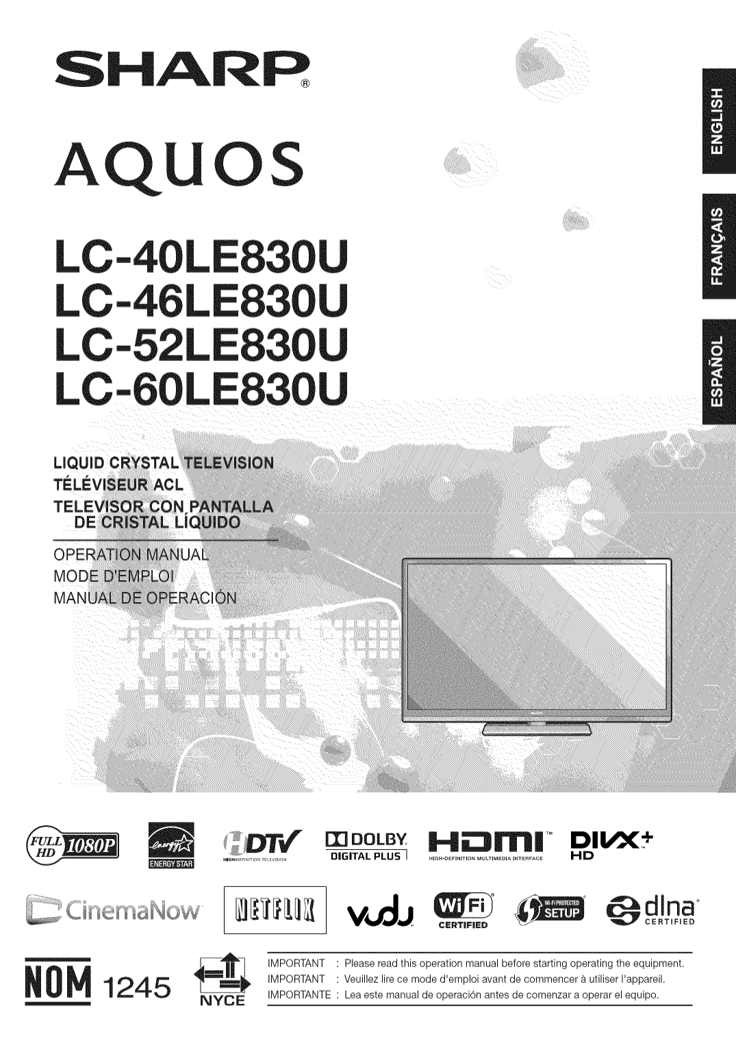 Download free pdf for Sharp AQUOS LC-46LE830U TV manual