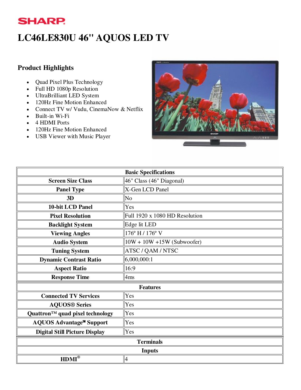 Download free pdf for Sharp AQUOS LC-46LE830U TV manual