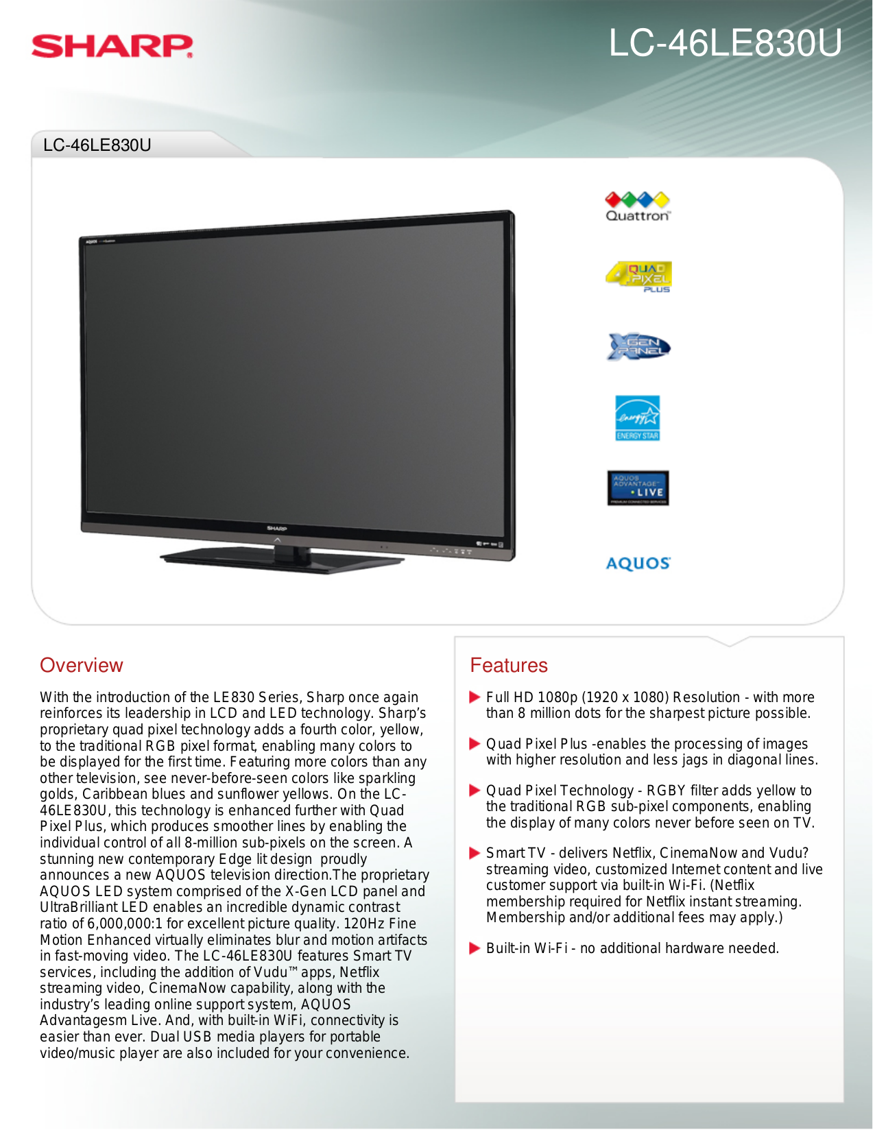 Download free pdf for Sharp AQUOS LC-46LE830U TV manual