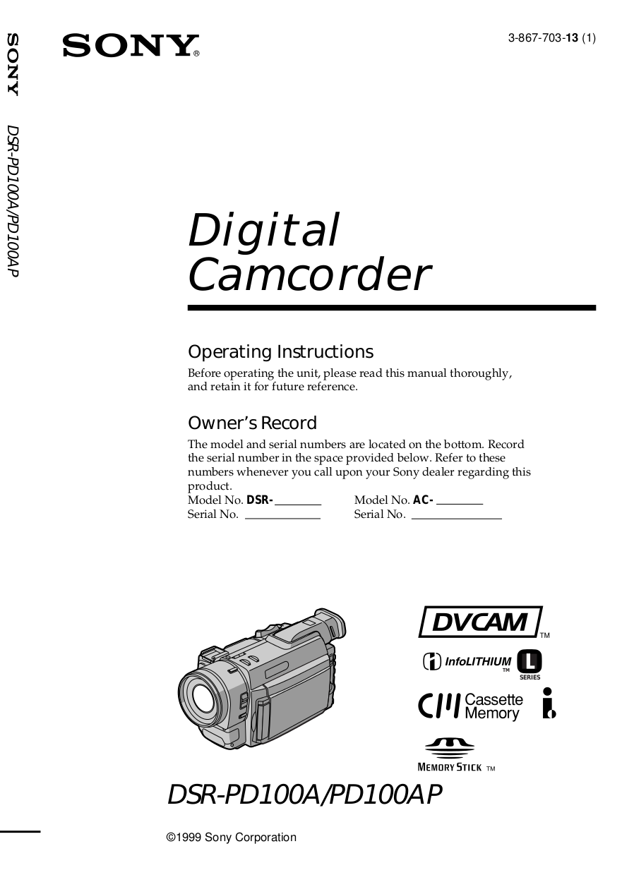 Download free pdf for Sony DSR-V10 Camcorders manual