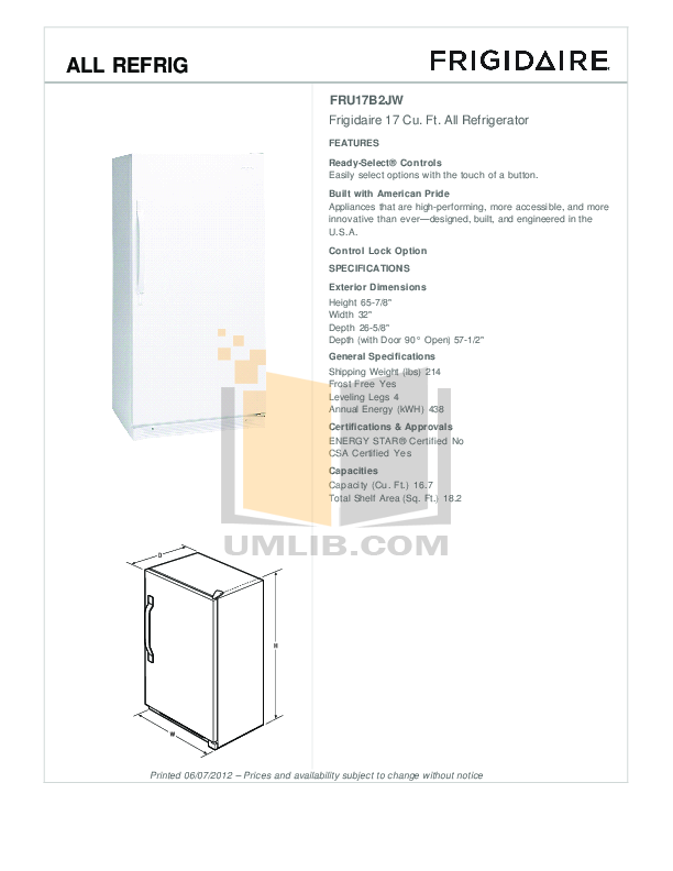 Download free pdf for Frigidaire Professional FPRH19D7LF Refrigerator ...