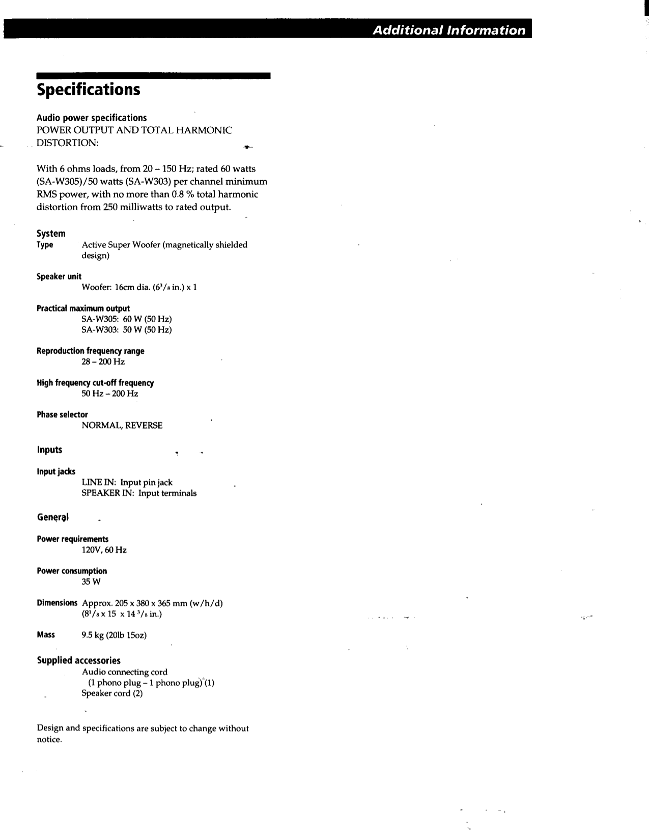 PDF manual for Sony Subwoofer SA-W305