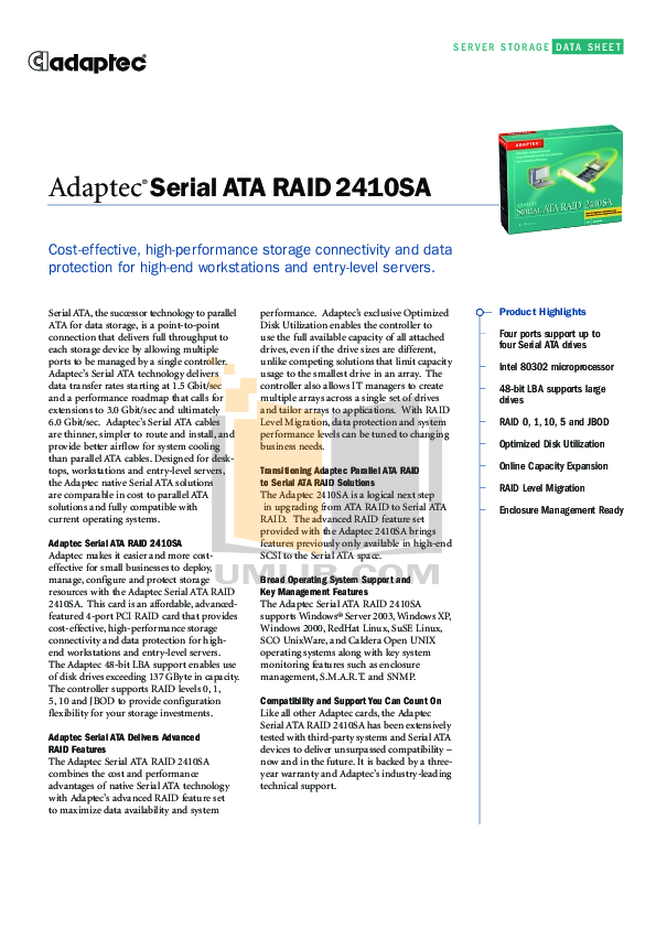 Download free pdf for Adaptec RAID 2410SA RAID Controllers Other manual