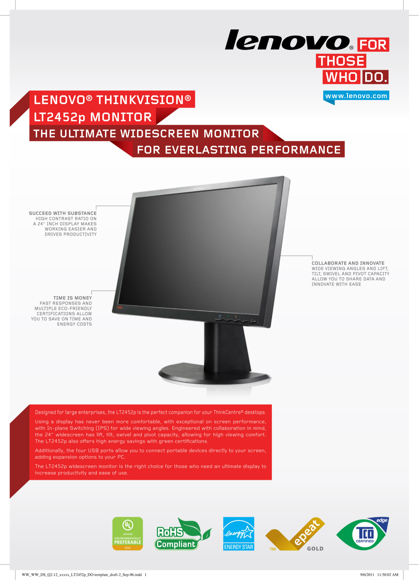 Download free pdf for Lenovo ThinkVision LT2452p Monitor manual