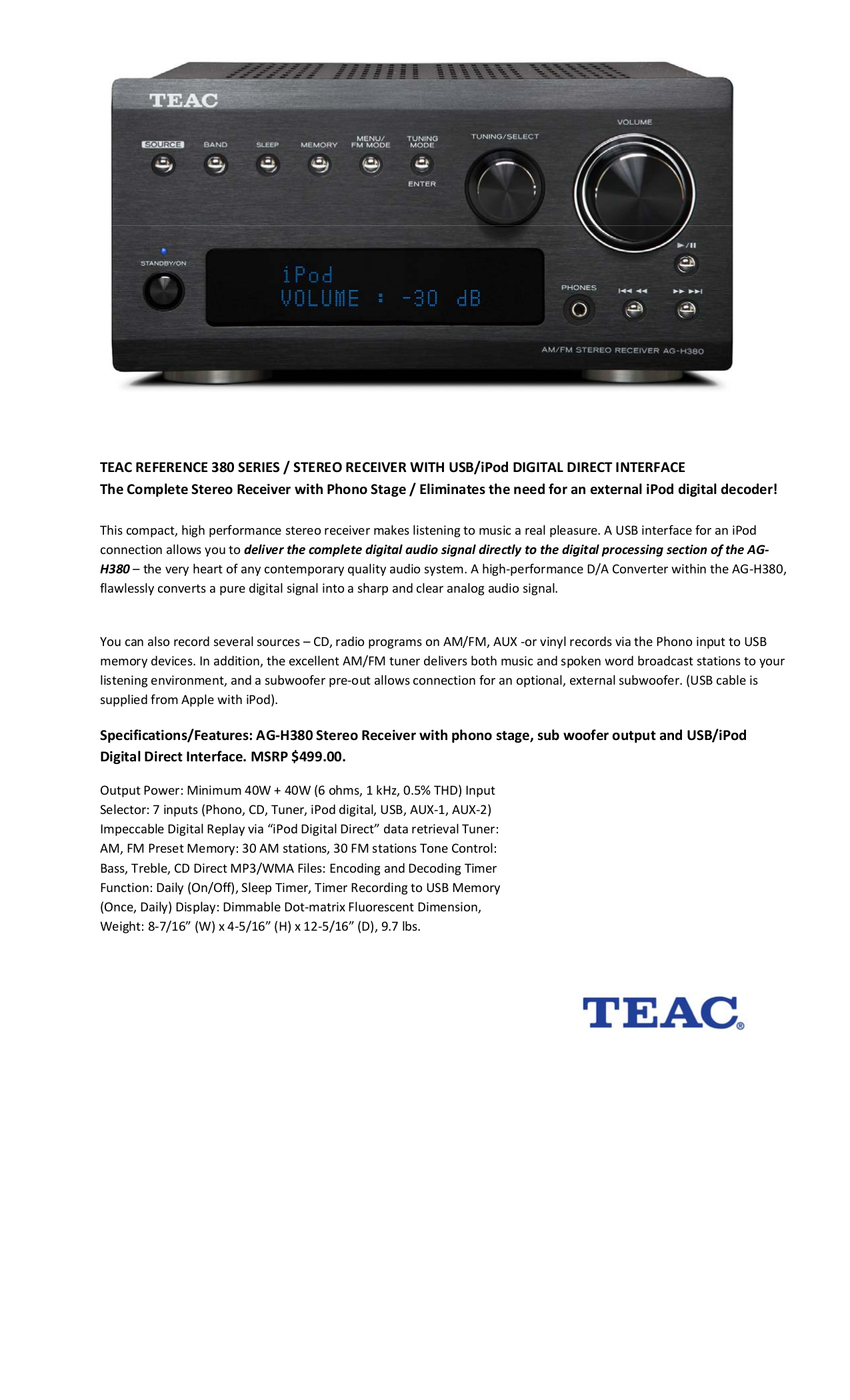 Download free pdf for Teac AG-H380 Receiver manual