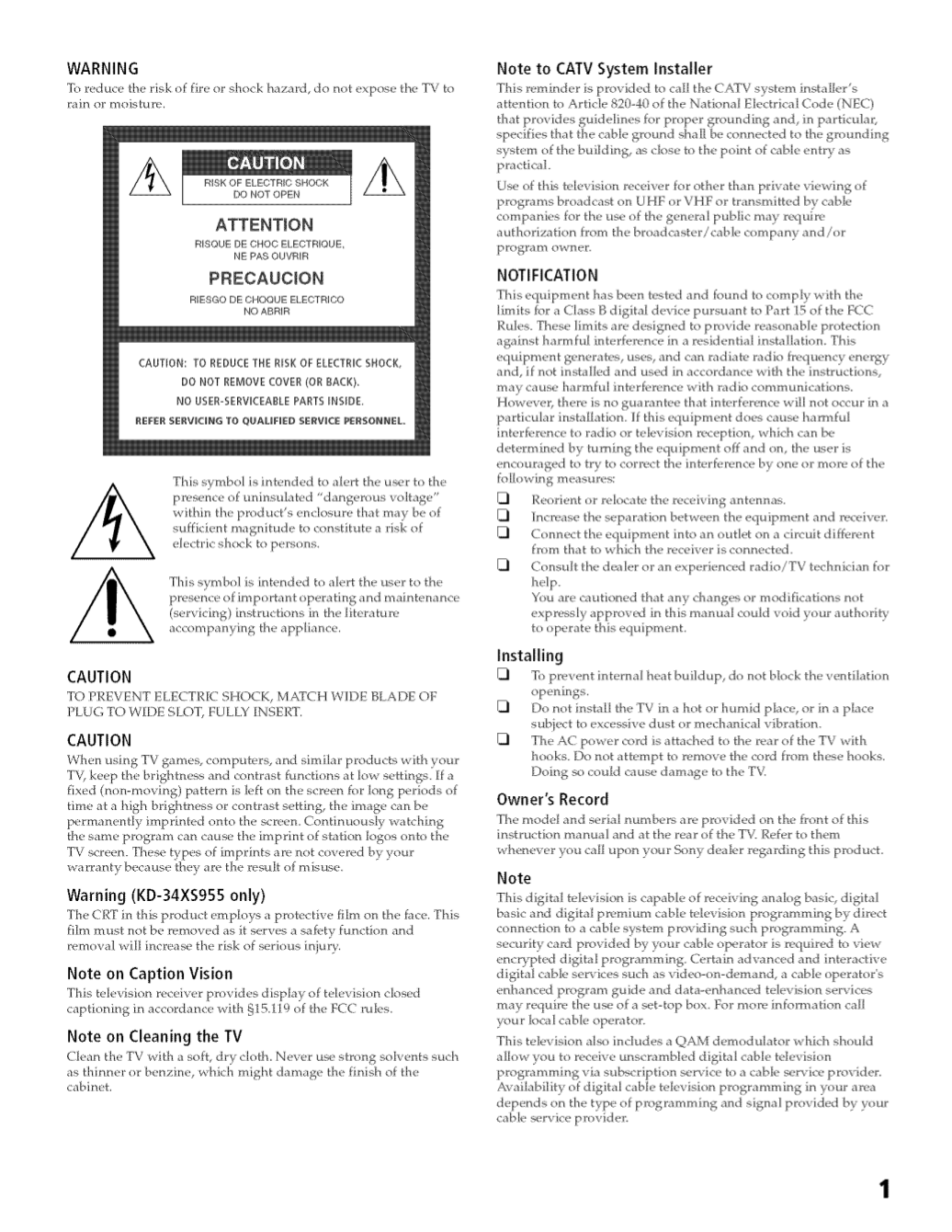 PDF manual for Sony TV WEGA KD-36XS955