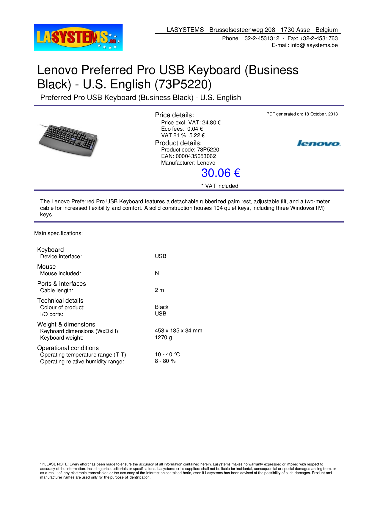 Download free pdf for Lenovo 73P5220 Keyboard manual