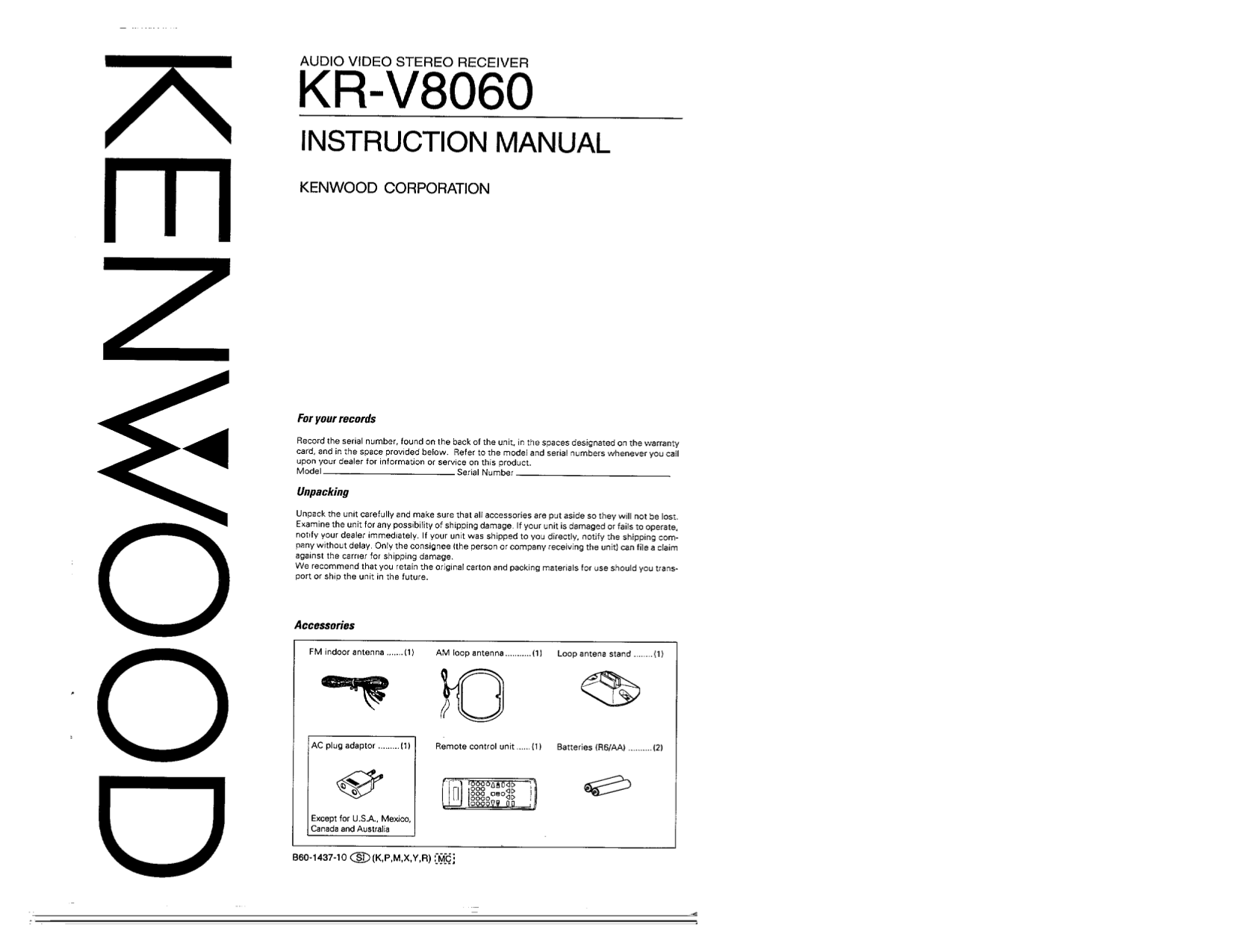 Download free pdf for Kenwood KR-V8060 Receiver manual