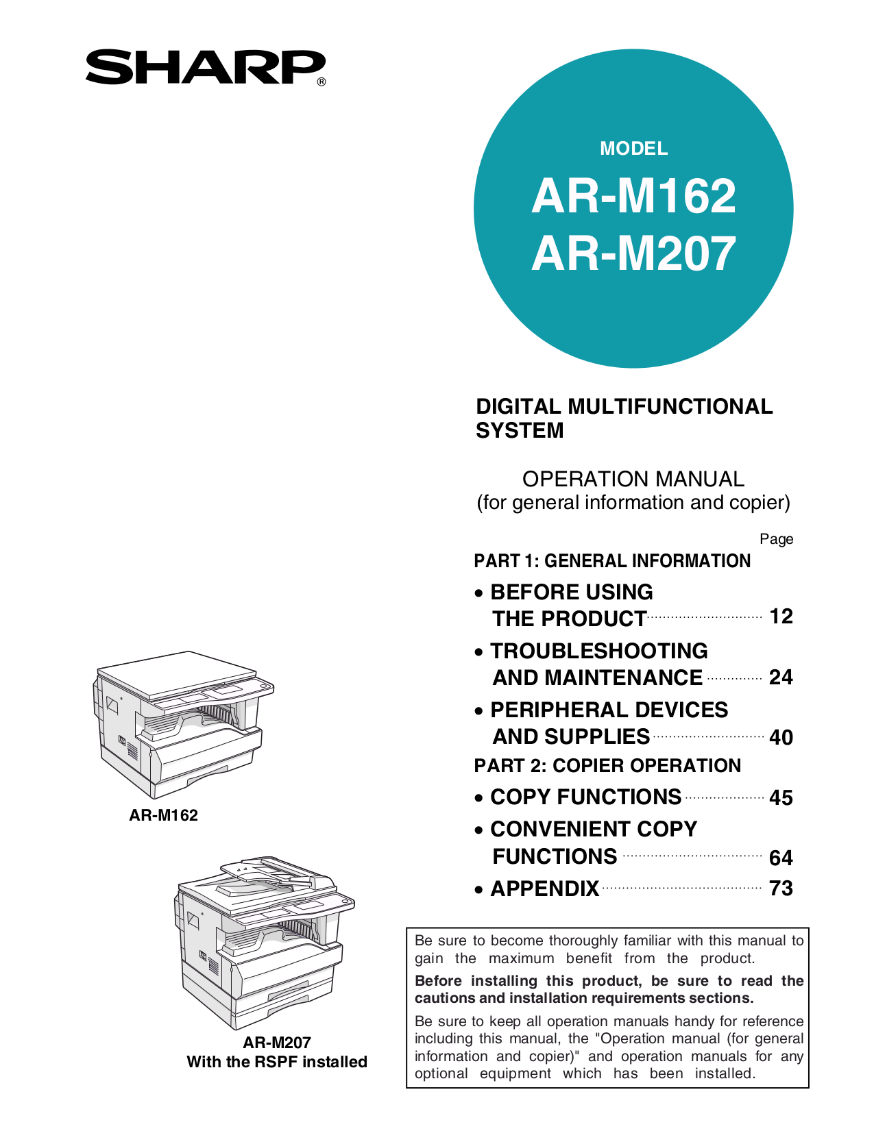 Download free pdf for Sharp AR-207 Copier manual