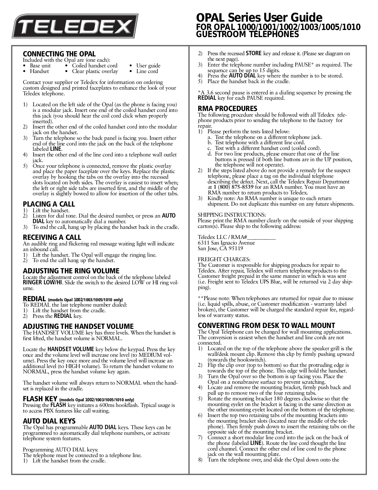 Download free pdf for Teledex Opal Series 1005 Telephone manual