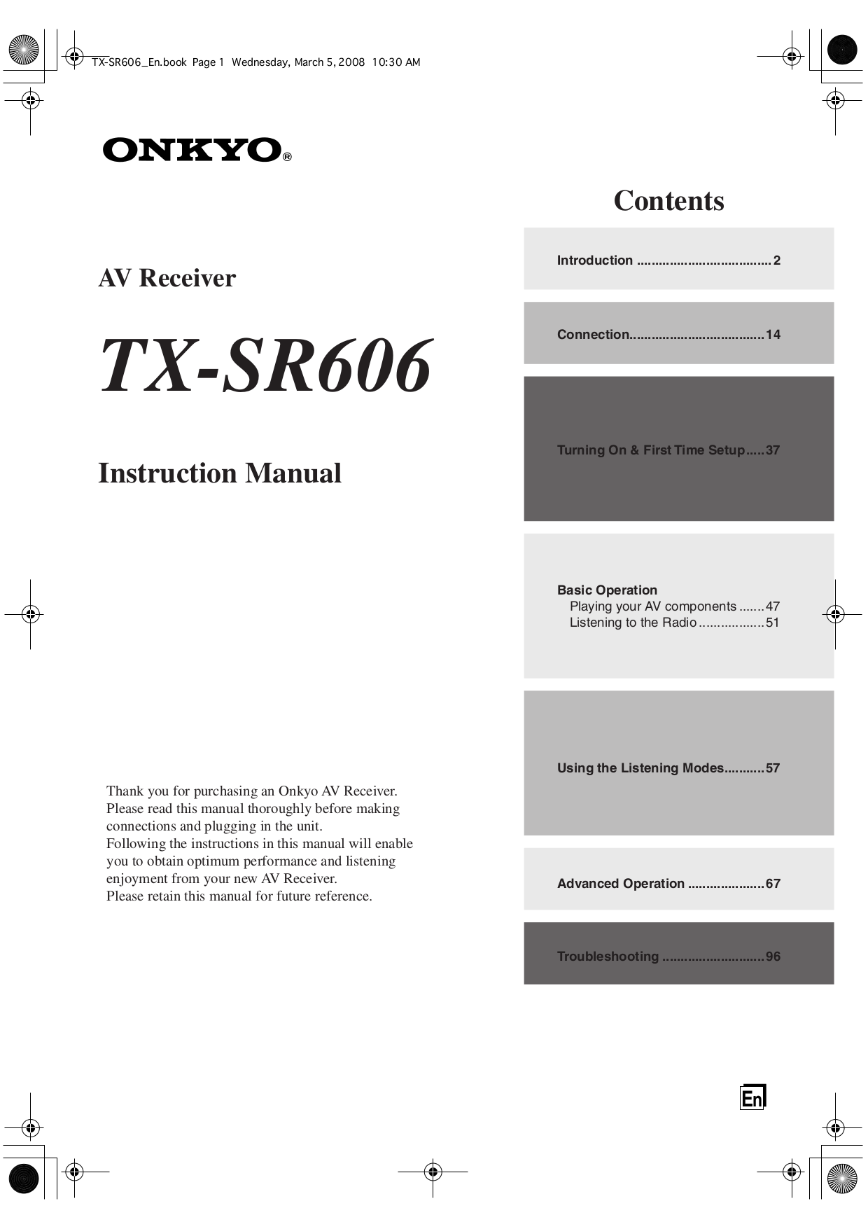 PDF Manual For Onkyo Receiver TX SR606
