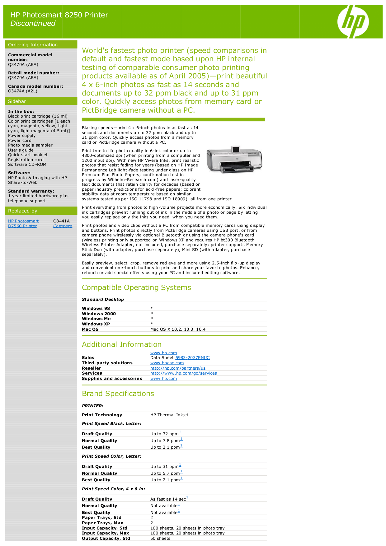 Download free pdf for HP Photosmart 8250 Printer manual