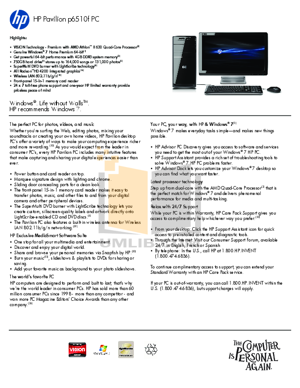 Download free pdf for HP Pavilion p6510f Desktop manual
