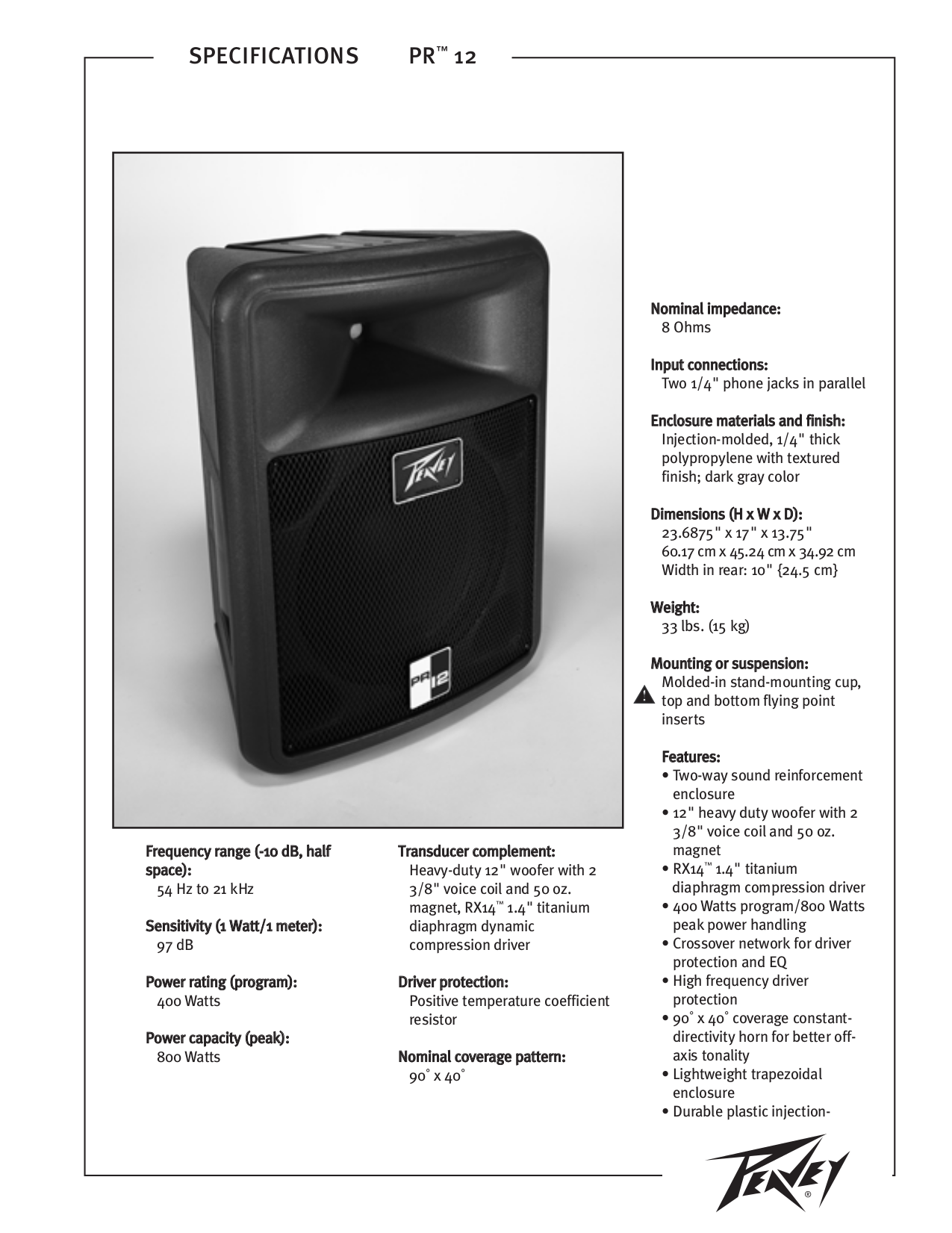 Download free pdf for Peavey PR 12 Speaker manual