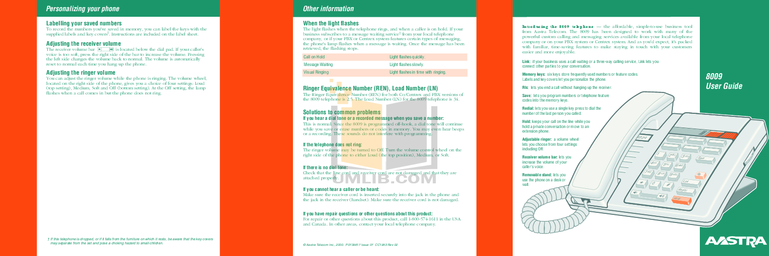 PDF manual for Aastra Telephone Meridian 8009