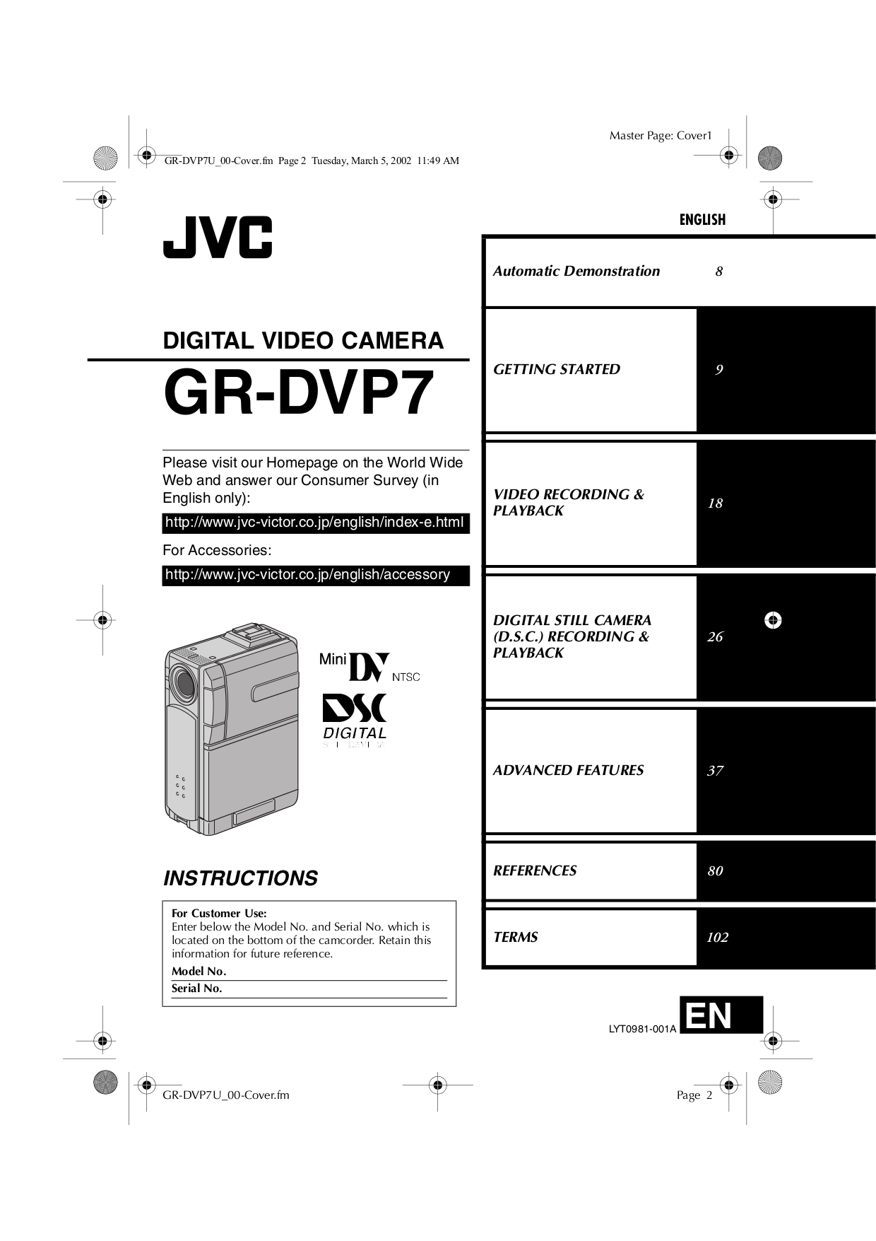 Download free pdf for JVC GR-DVP7 Camcorders manual