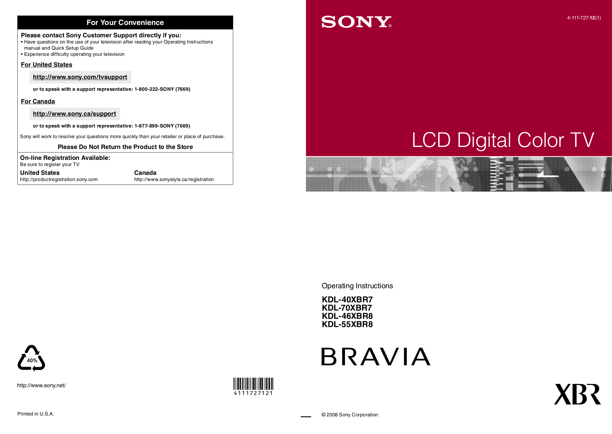Download free pdf for Sony BRAVIA KDL-40XBR7 TV manual