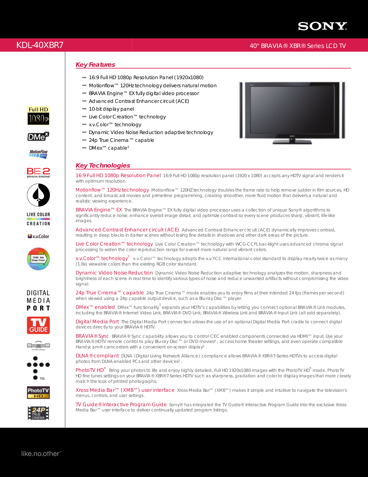 Download free pdf for Sony BRAVIA KDL-40XBR7 TV manual