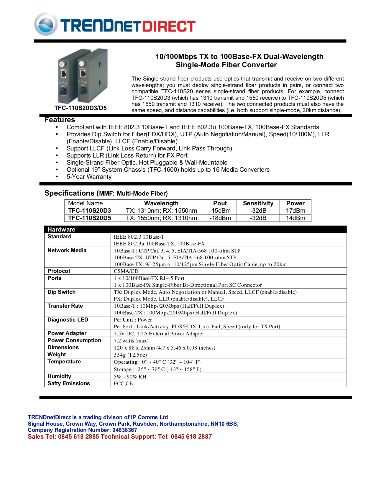 Download free pdf for TRENDnet TFC-110S20D5 Media Converter Other manual