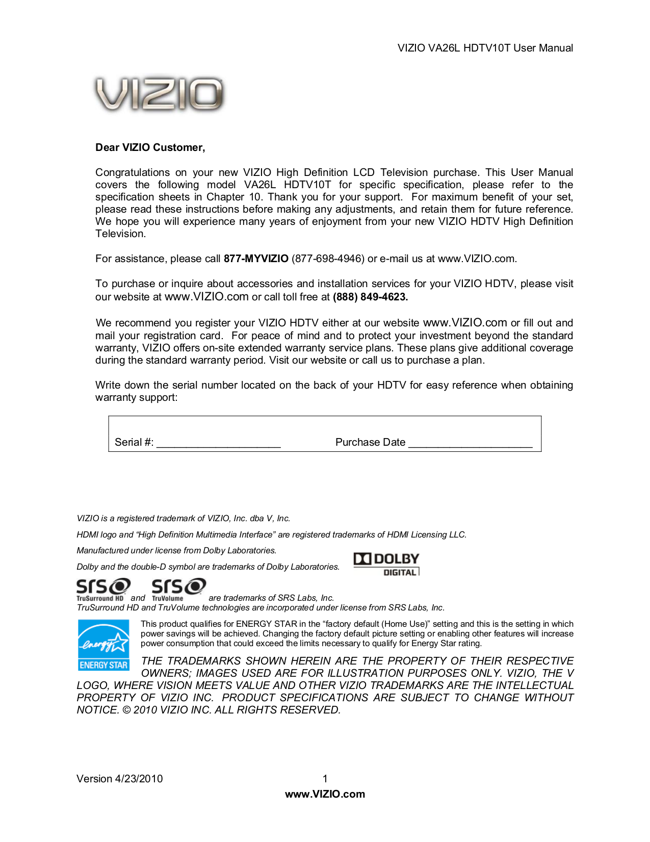 Download free pdf for Vizio VA26L TV manual