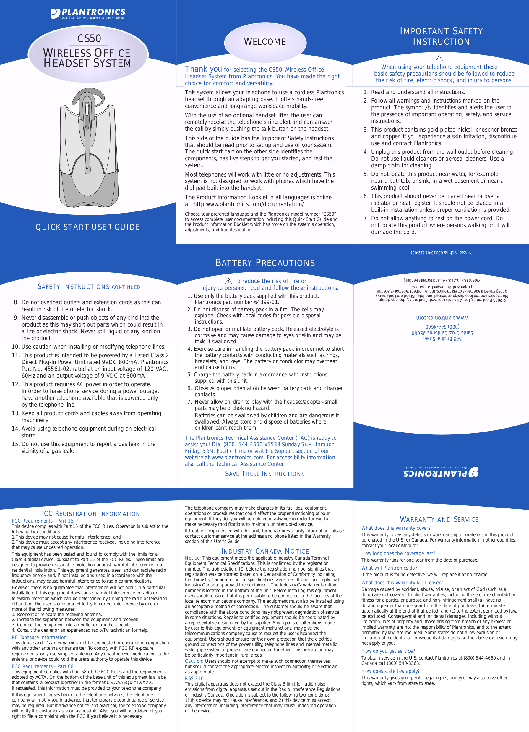 PDF manual for Plantronics Headset CS50