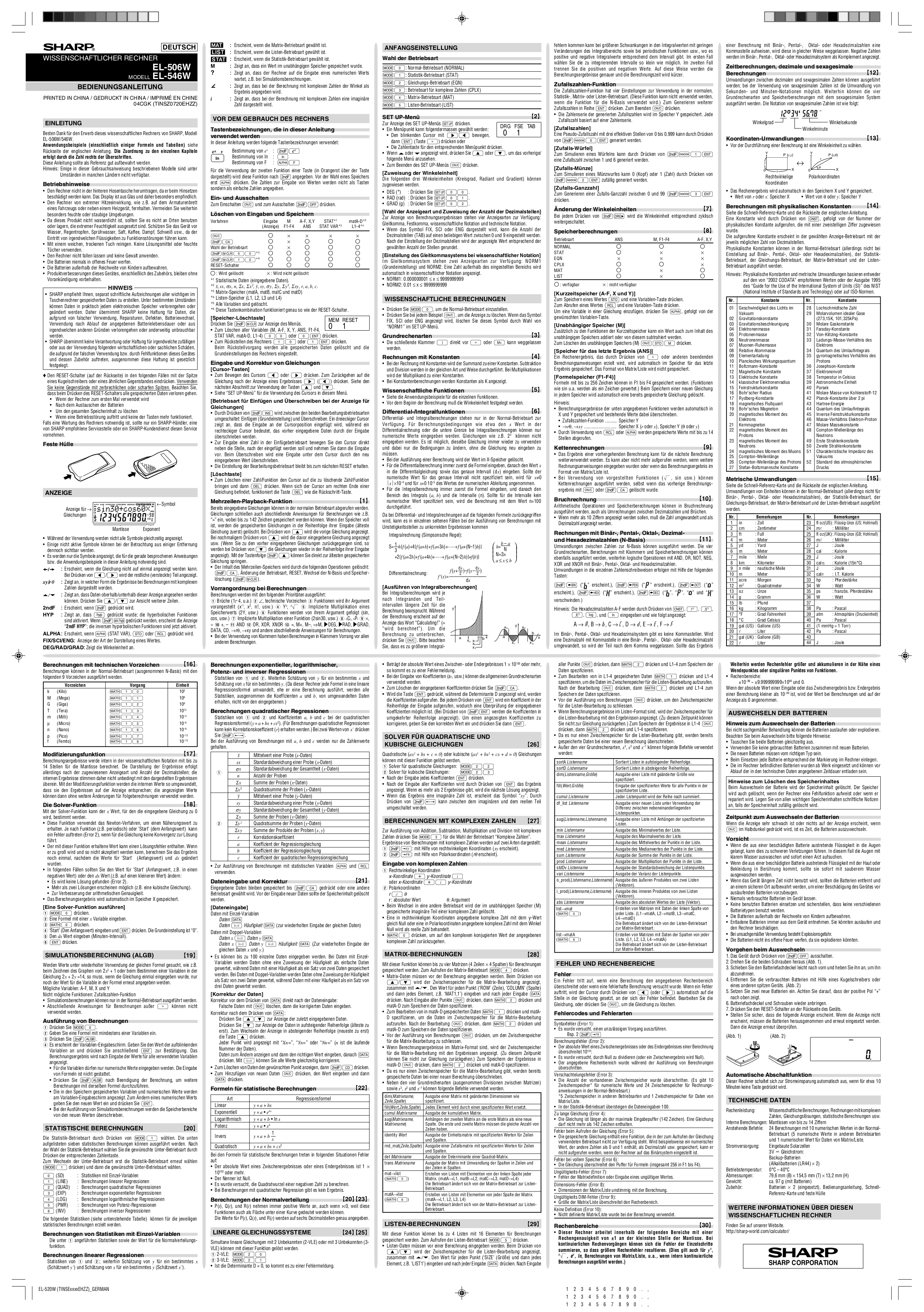 PDF manual for Sharp Calculator EL-506V