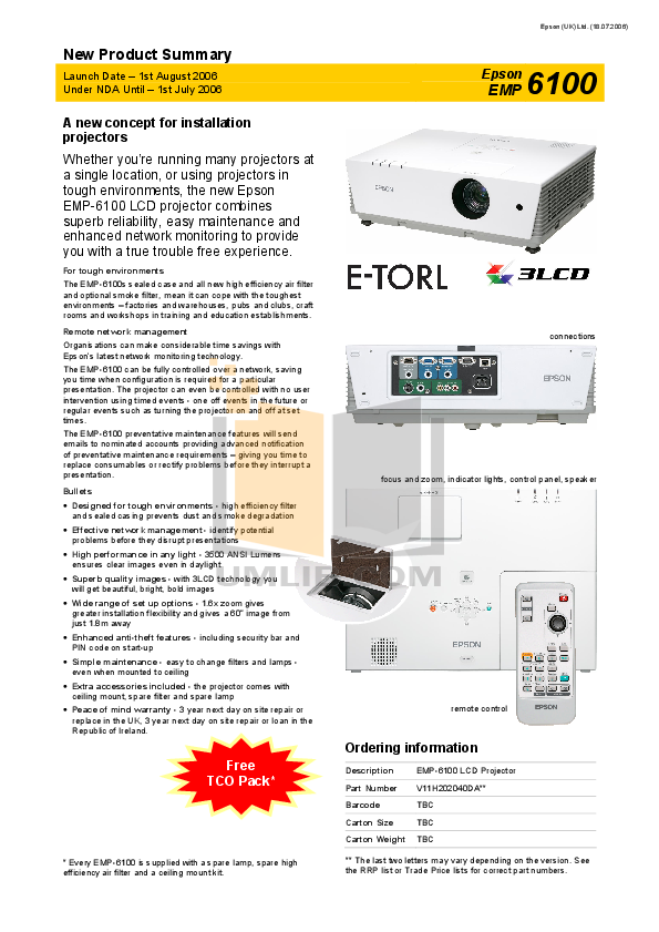 Download free pdf for Epson EMP-6100 Projector manual